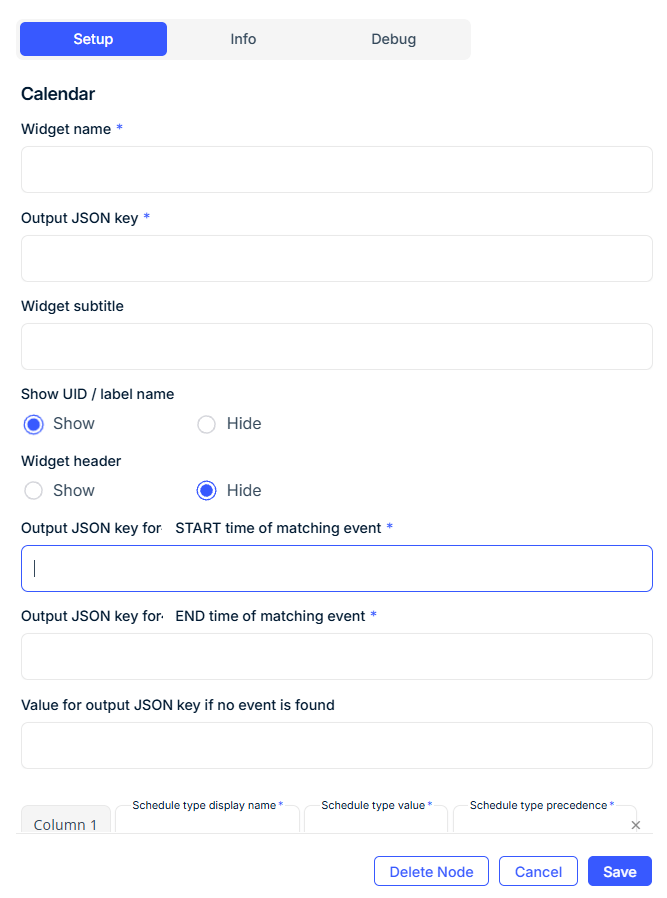 Calendar Widget Node Configuration Guide